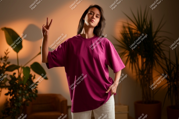 Woman wearing magenta t shirt mockup (6036662)
