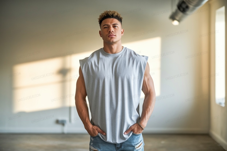 Muscular man wearing sleeveless shirt grey