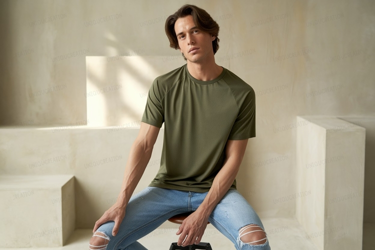 Olive shirt ripped jeans man seated image