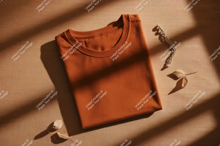 Folded terracotta t shirt with necklace and leaves
