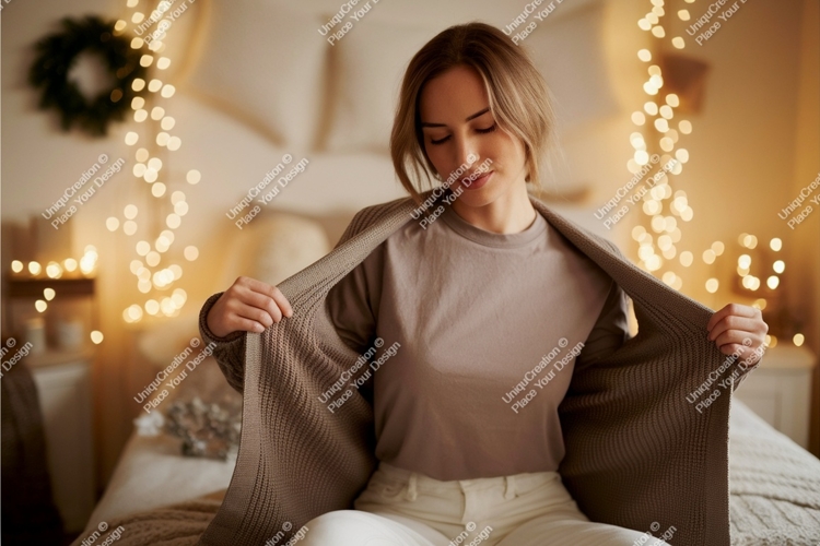 Woman wearing casual outfit with cozy lights