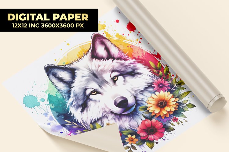 Wolf With Floral Watercolor Digital Paper (3926872)