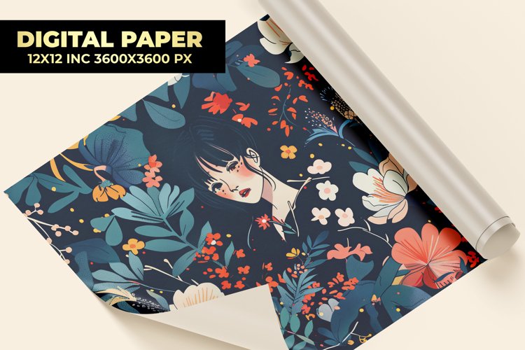 Cute Flower With Girl Digital Paper