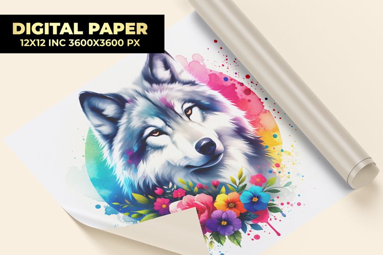 Wolf With Floral Watercolor Digital Paper (3926882)