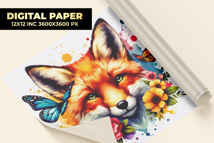 Fox With Floral Watercolor Digital Paper (3927075)