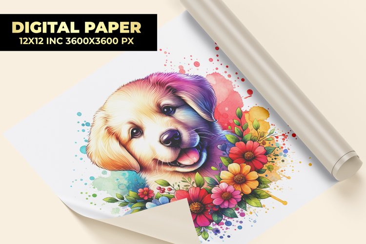 Dog With Floral Watercolor Digital Paper (3909375)