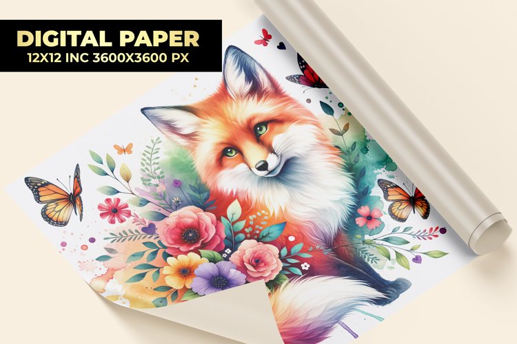Fox With Floral Watercolor Digital Paper (3927085)