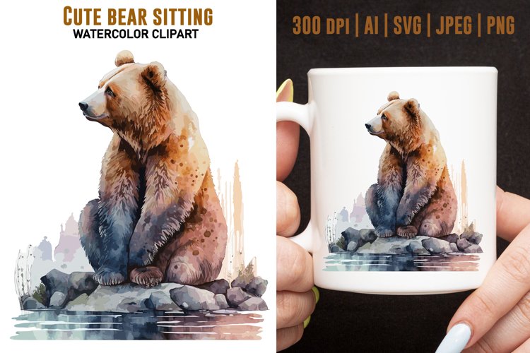 Watercolor Sitting Bear Clipart, Bear Clipart Illustration