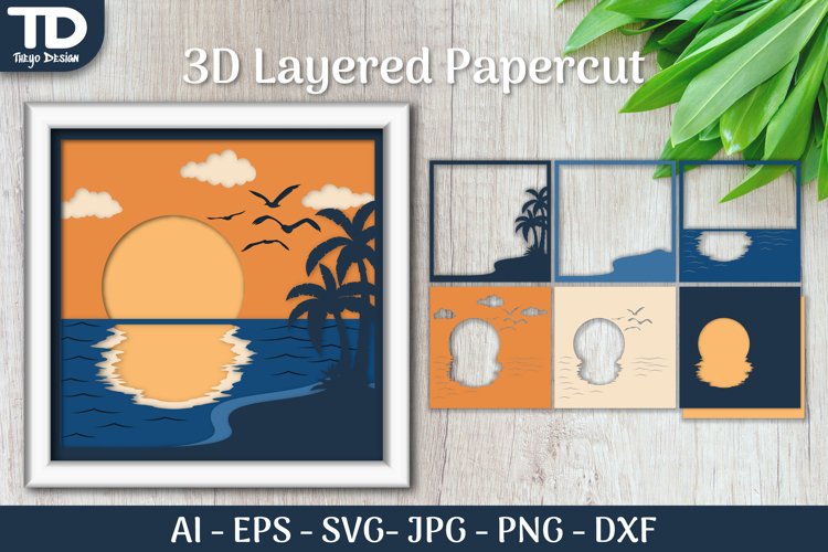Tropical Beach Sunset 3D Shadow box Scene Layered Papercut