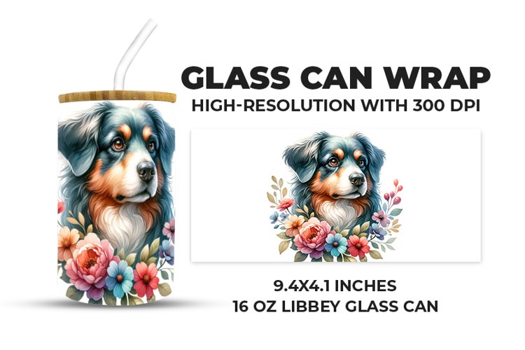 Dog With Flowers Watercolor Glass Can Wrap (3913543)
