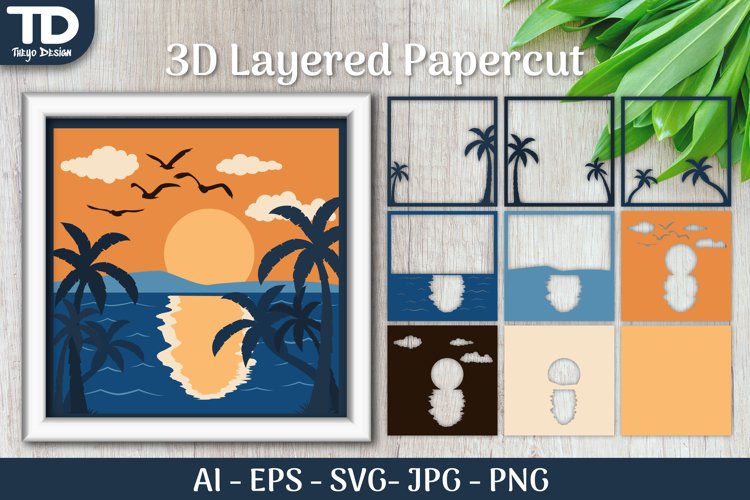 Tropical Beach Sunset 3D Shadow box Scene Layered (2579954)