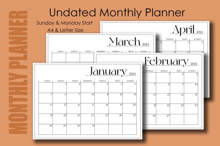 Monthly Planner Calendar 2024, Sunday & Monday Start