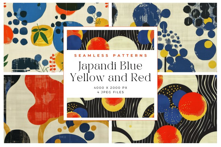 Modern Japandi Blue Yellow and Red Seamless Patterns