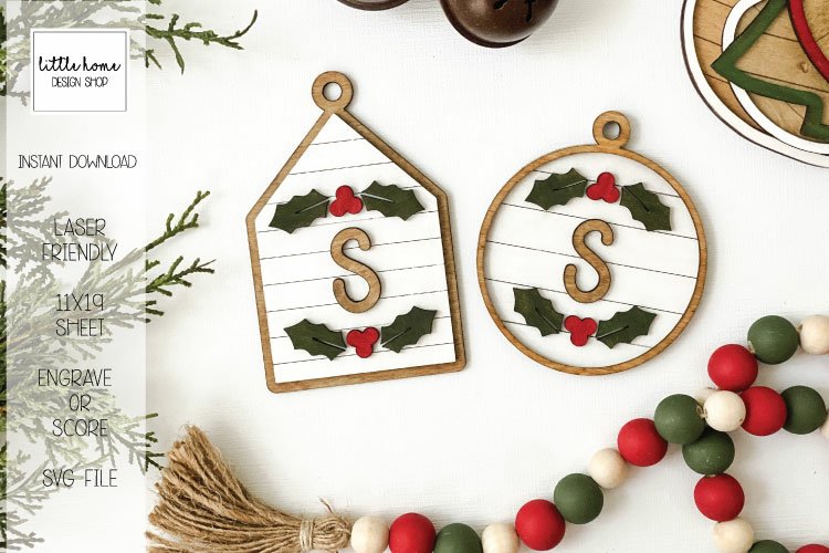 farmhouse monogram ornament | monogram laser cut ornament