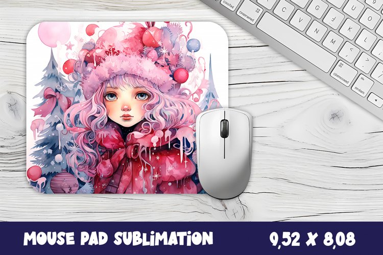 Pink girl in the winter forest mouse pad winter/ (2863636)