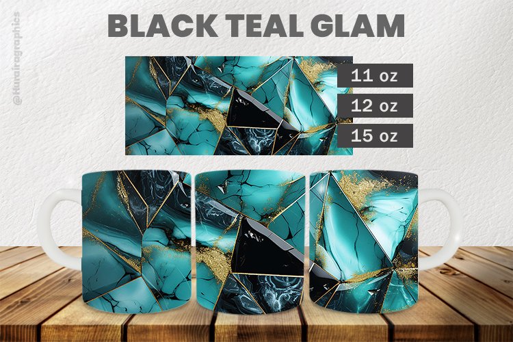 Black Teal Glam Mug Wrap Sublimation |11oz, 12oz & 15oz