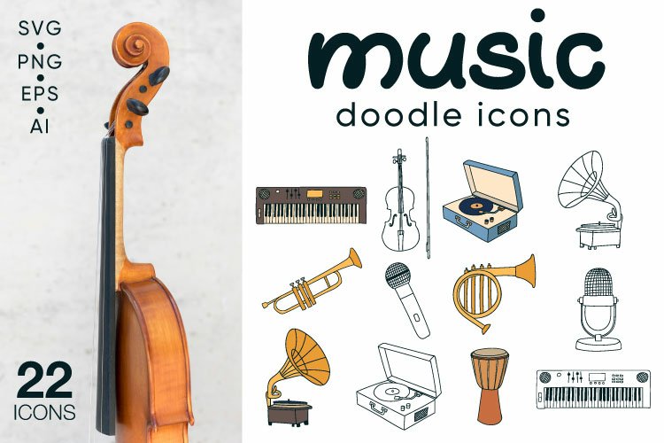 Musical instruments doodle icon set