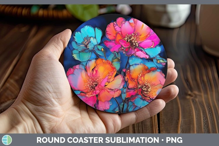 Neon Flowers Camellia Round Coaster Sublimation Coaster Desi