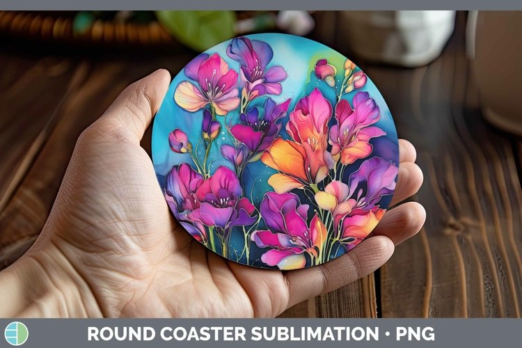 Neon Flowers Freesia Round Coaster Sublimation Coaster Desig