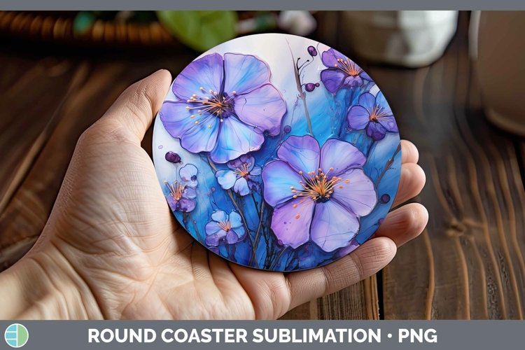Neon Flowers Periwinkle Round Coaster Sublimation Coaster De