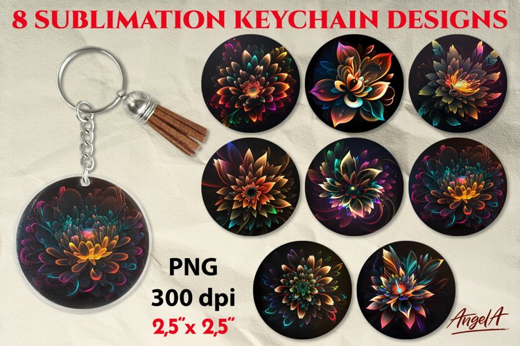 Neon Flower keychain sublimation designs / round keychain