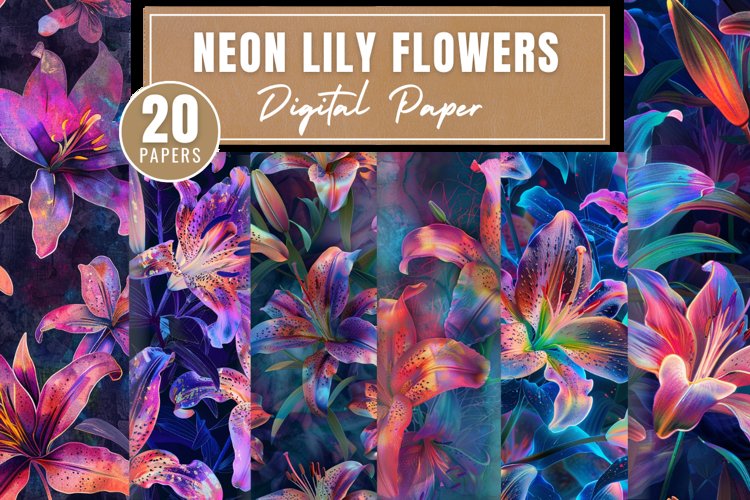 Neon Lily Flowers Digital Paper Bundle