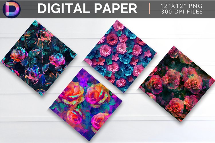 Neon Rose Flowers Digital Paper