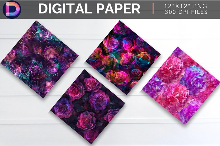 Neon Rose Flowers Digital Paper