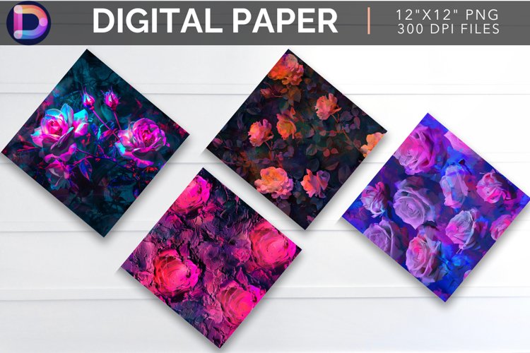 Neon Rose Flowers Digital Paper