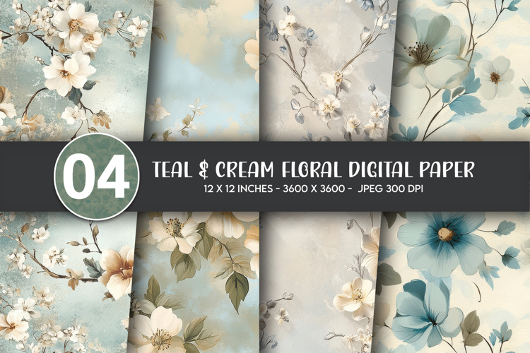 Teal & Cream Floral Digital Paper