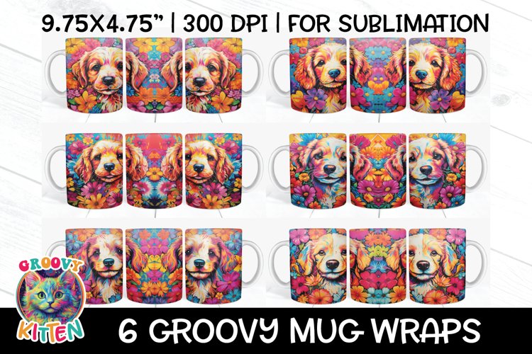 Groovy Floral Puppy Mug Designs, Dog Sublimation Design