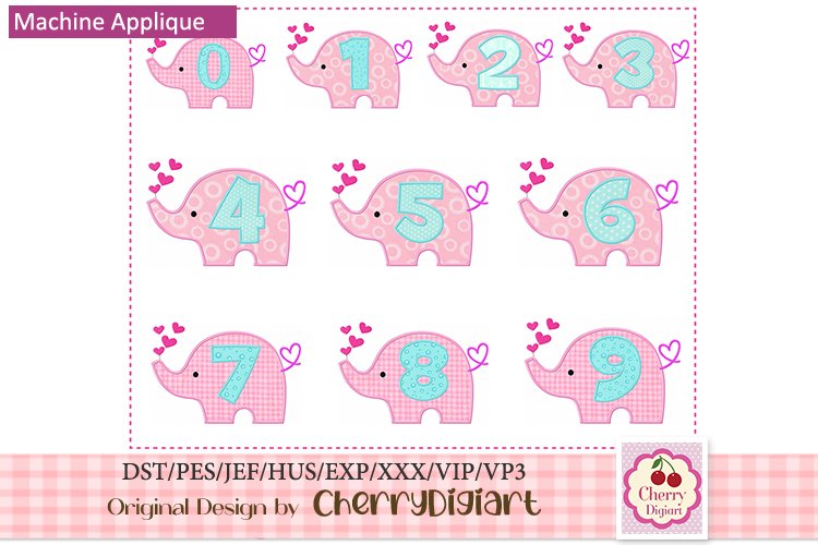 Elephant summer Number machine applique embroidery bundle 18