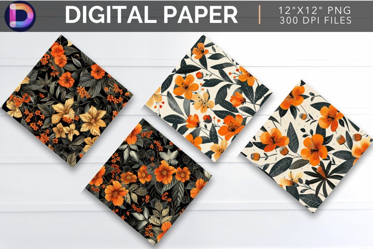 Orange Botanical Flowers Digital Paper