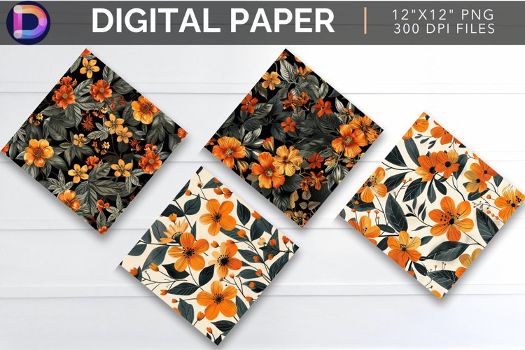 Orange Botanical Flowers Digital Paper