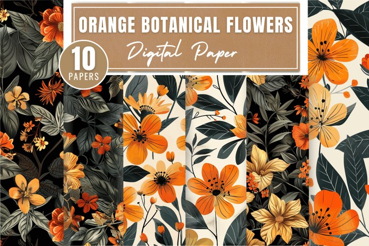 Orange Botanical Flowers Digital Paper Bundle