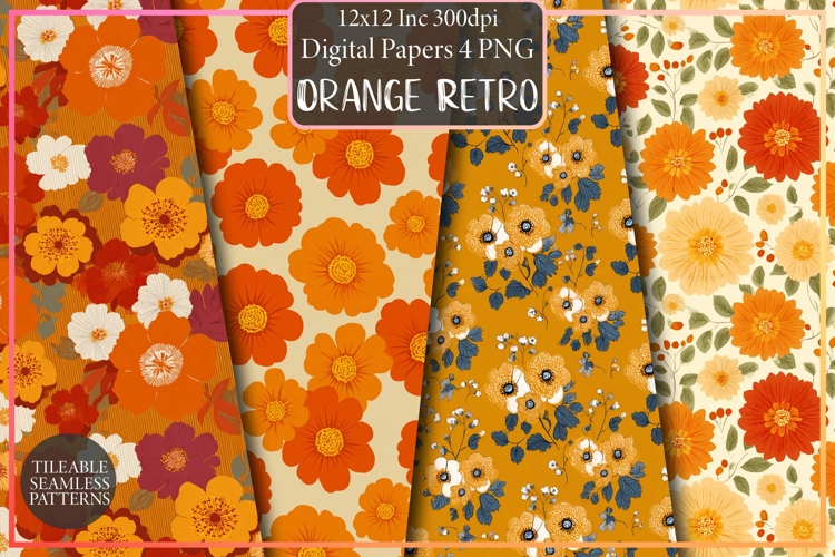 Orange Retro Flowers Digital Papers (6445072)