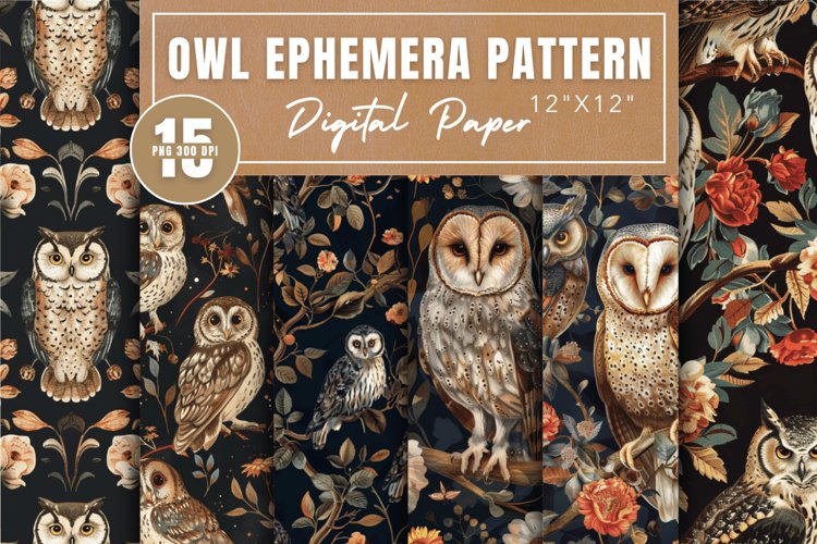 Owl Ephemera Pattern Digital Paper Bundle
