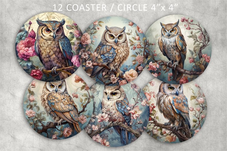 Owl vintage circle, Collage Sheet for Coasters