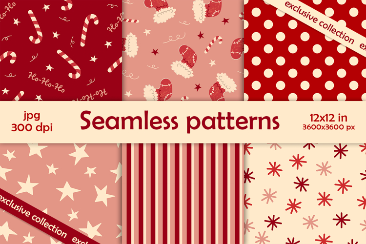 Pink Red Christmas Seamless Patterns, Xmas Digital Paper JPG