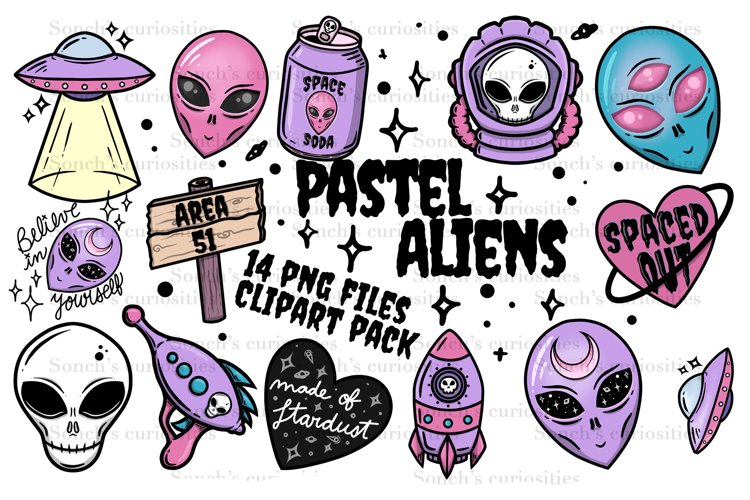 Pastel Aliens / UFO - 14 goth PNG files (1407258) | Clipart | Design ...