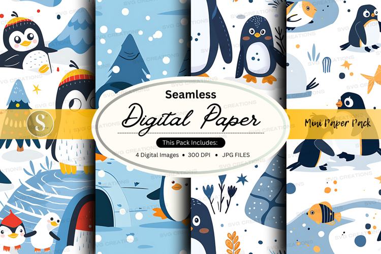 Penguin themed seamless digital paper pack
