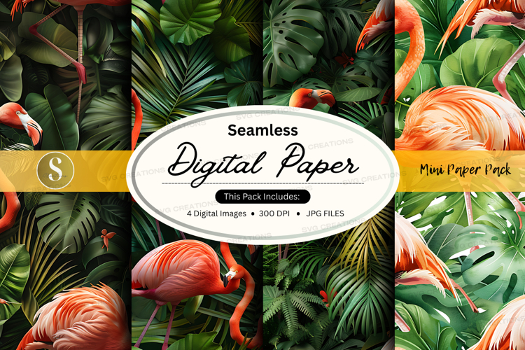 Seamless tropical flamingo digital paper pack