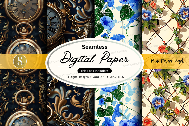 Seamless digital paper pack with vintage watches and floral