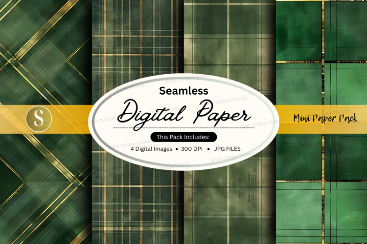 Seamless digital paper pack - green and gold plaid