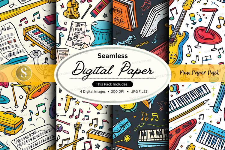 Seamless digital music paper pack with instruments and retro