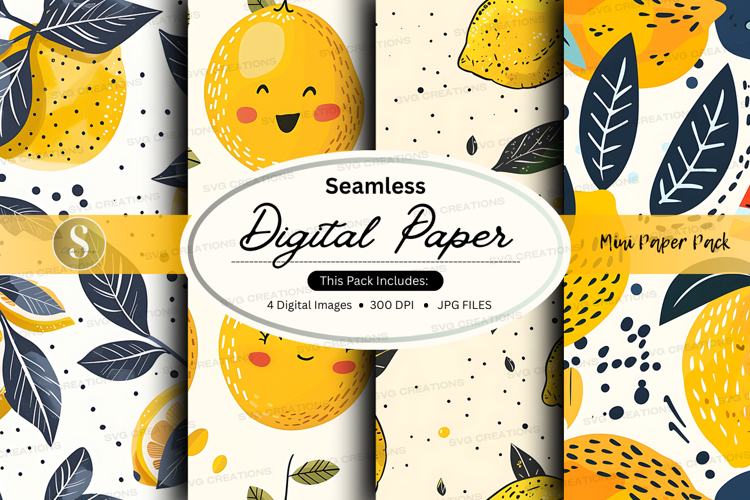 Seamless lemon digital paper pack yellow cheerful design