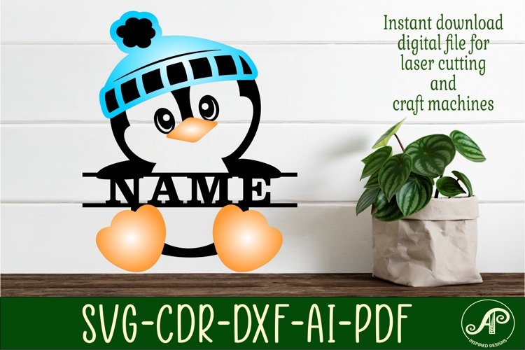 Cute Penguin Name sign svg laser cut template, wall art
