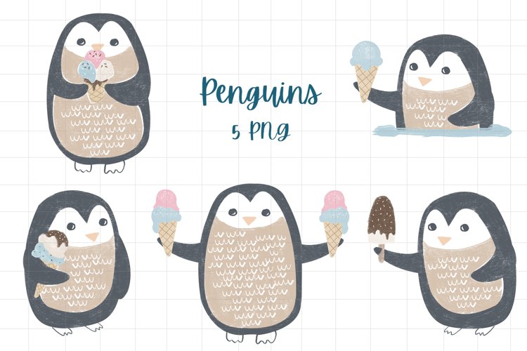Penguins with ice cream - Set of 5 PNG
