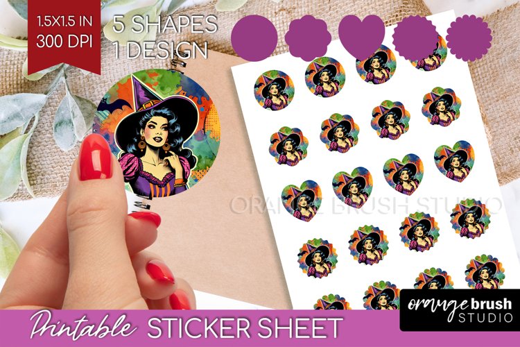 Retro Witch Round Sticker - Halloween Printable (4870826)