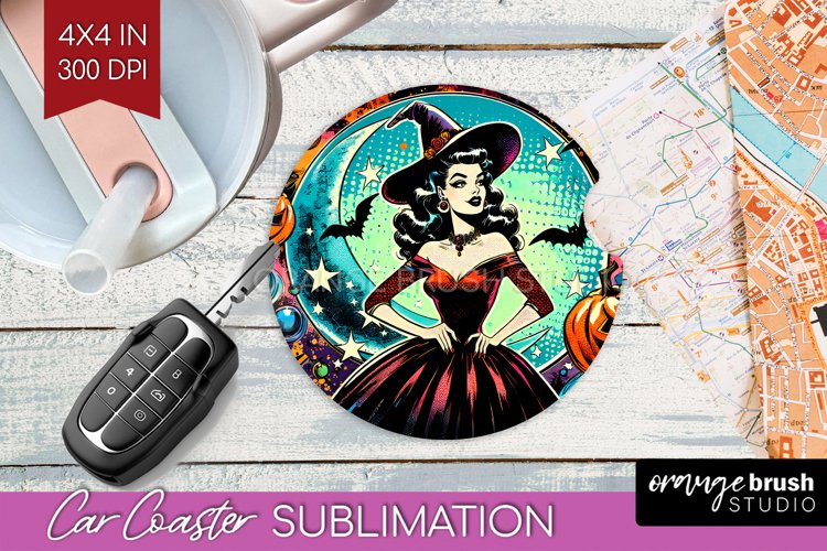 Retro Witch Car Coaster - Halloween Coaster PNG (4871350)